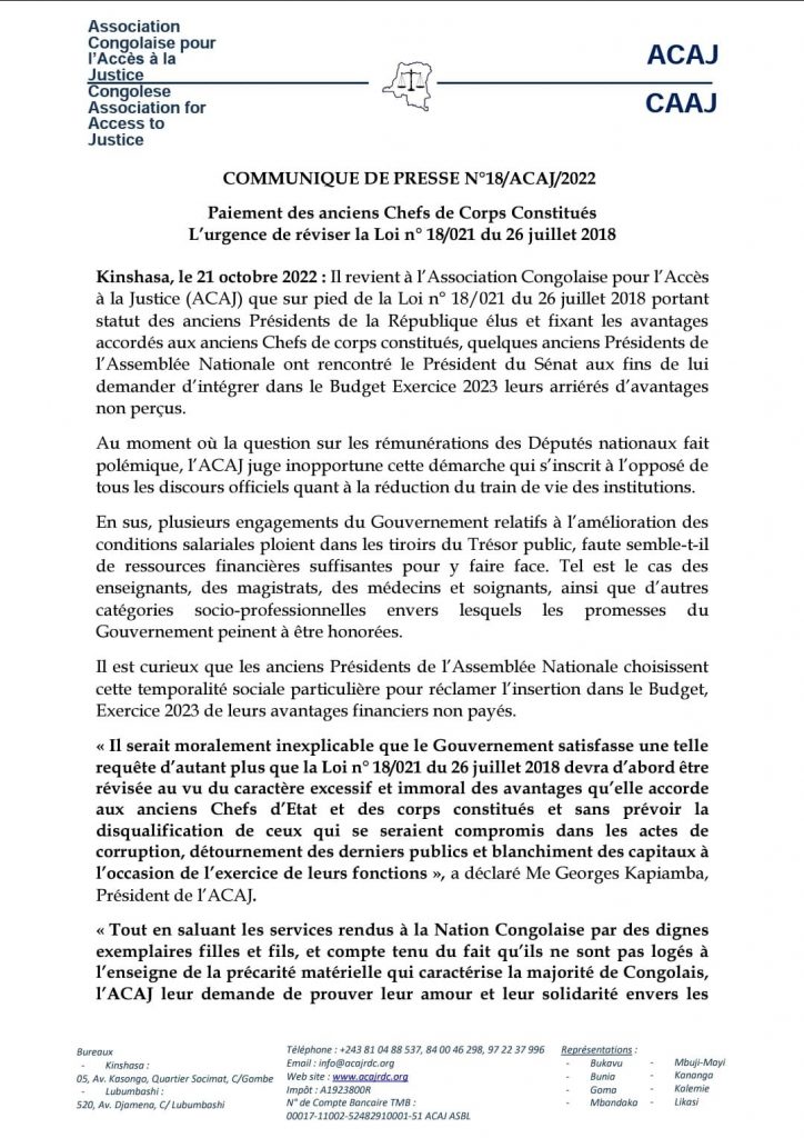 RDC : L'ACAJ dénonce le "caractère excessif et immoral" des avantages ...